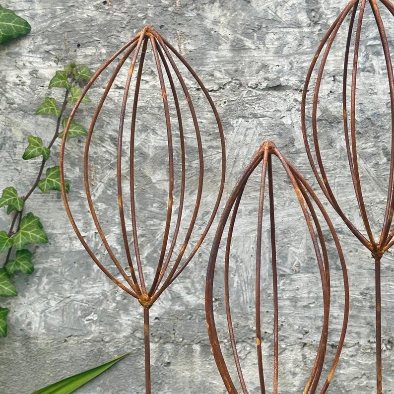 Rusty Finials Set of 3, Garden Stakes, Rustic Metal Ornaments, Outdoor ...