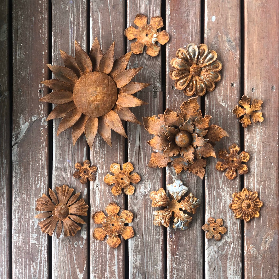 Wall Rusty Flowers Set, Rusty Metal Wall Decor, Boho Wall Art, Rustic ...