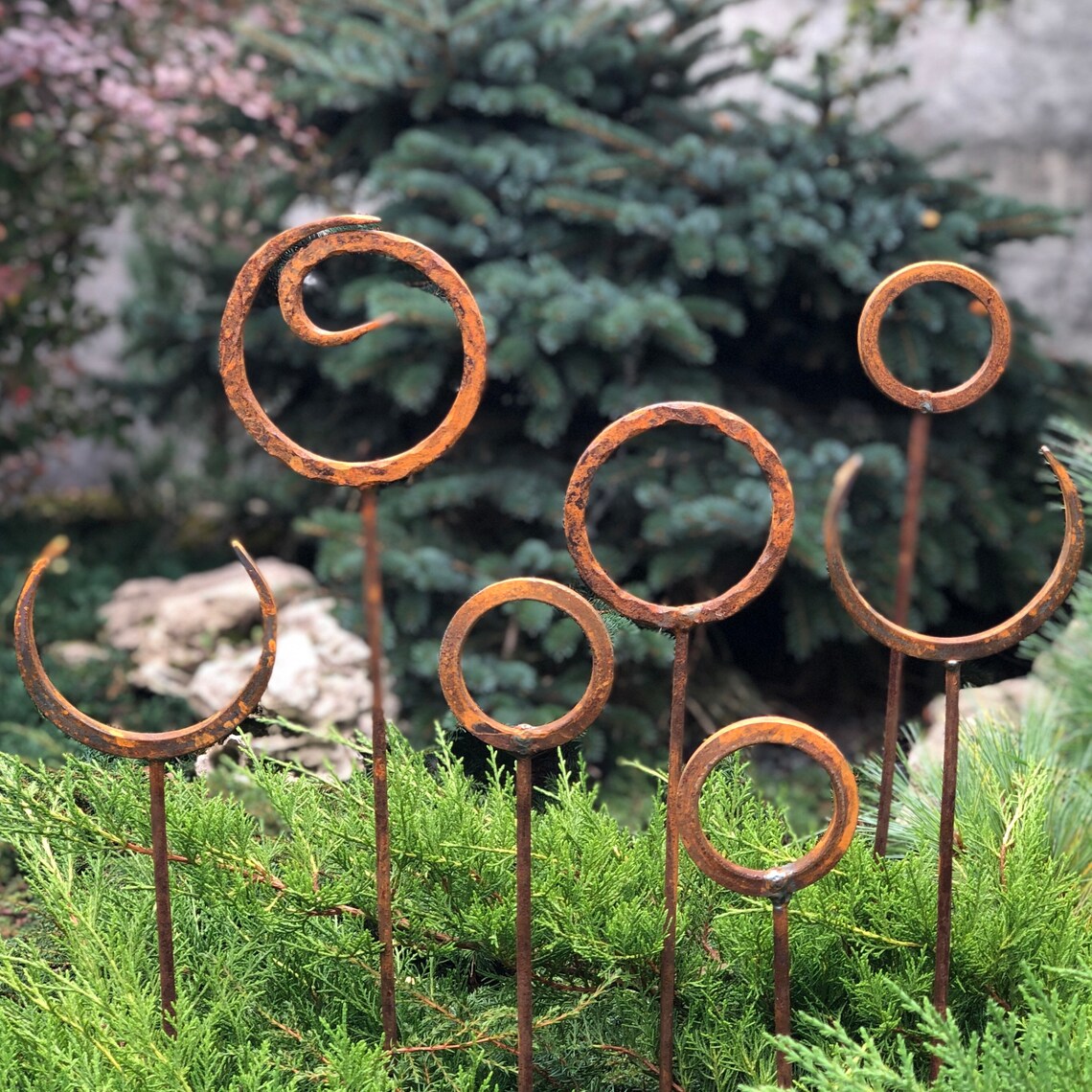 Set of 7 Rusty Metal Garden Stakes Rusty Garden Finials - Etsy