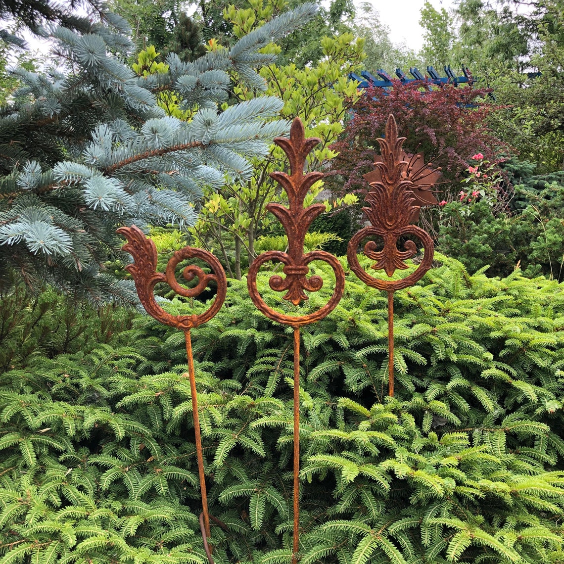 Rusty Metal Garden Stakes Rusty Garden Finial Metal Garden - Etsy