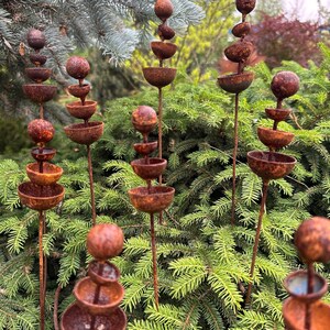 Set of 9 Rusty Garden Pegs With Tiny Flowers, Rustic Yard Art, Metal ...