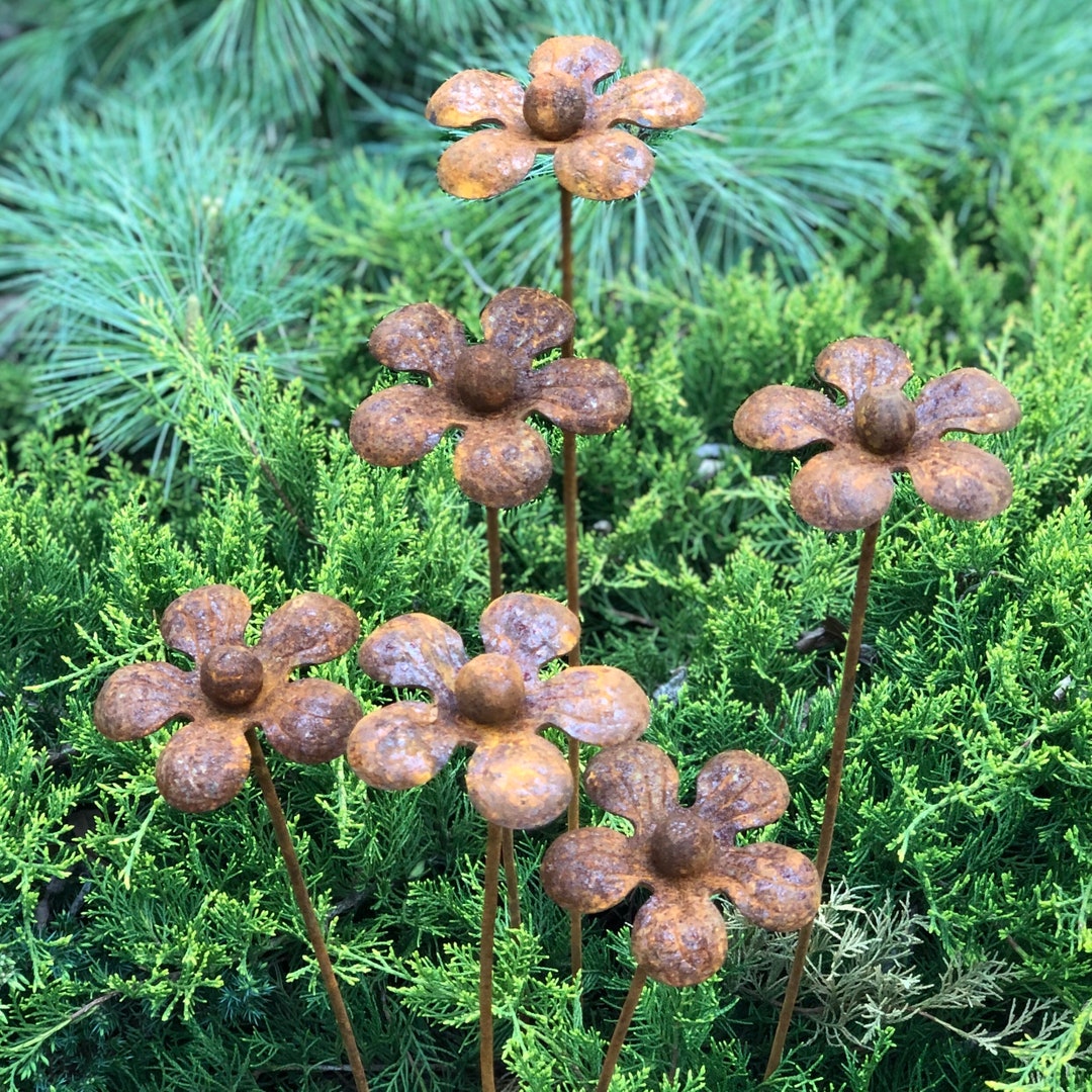 Rusty Flowers Set of 6, Garden Stakes, Metal Garden Decor, Metal Yard ...
