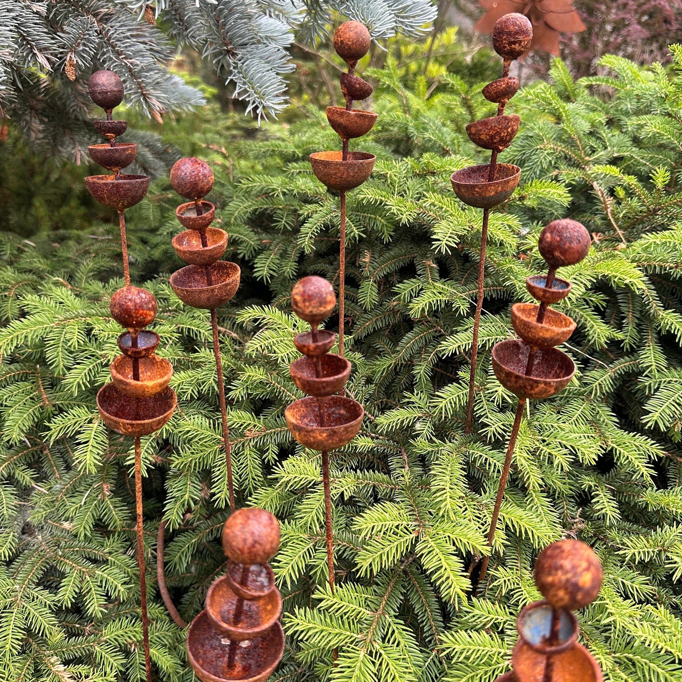 Set of 9 Rusty Garden Pegs With Tiny Flowers, Rustic Yard Art, Metal ...