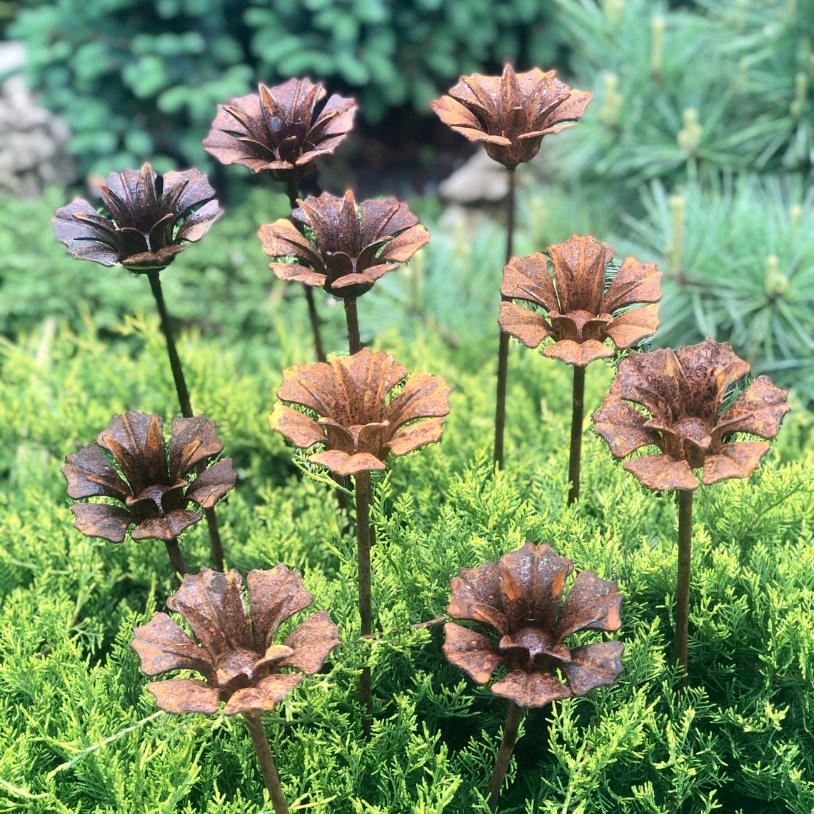 Rusty flowers set of 10 10 Rusty flowers garden stakes Metal | Etsy