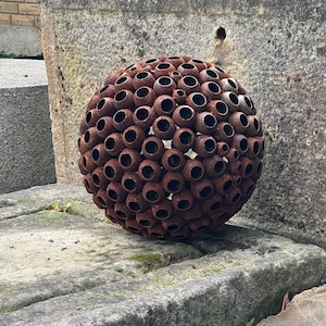 14”abstract Rusty Metal Sphere – Outdoor Garden Decor, Weathered Steel ...