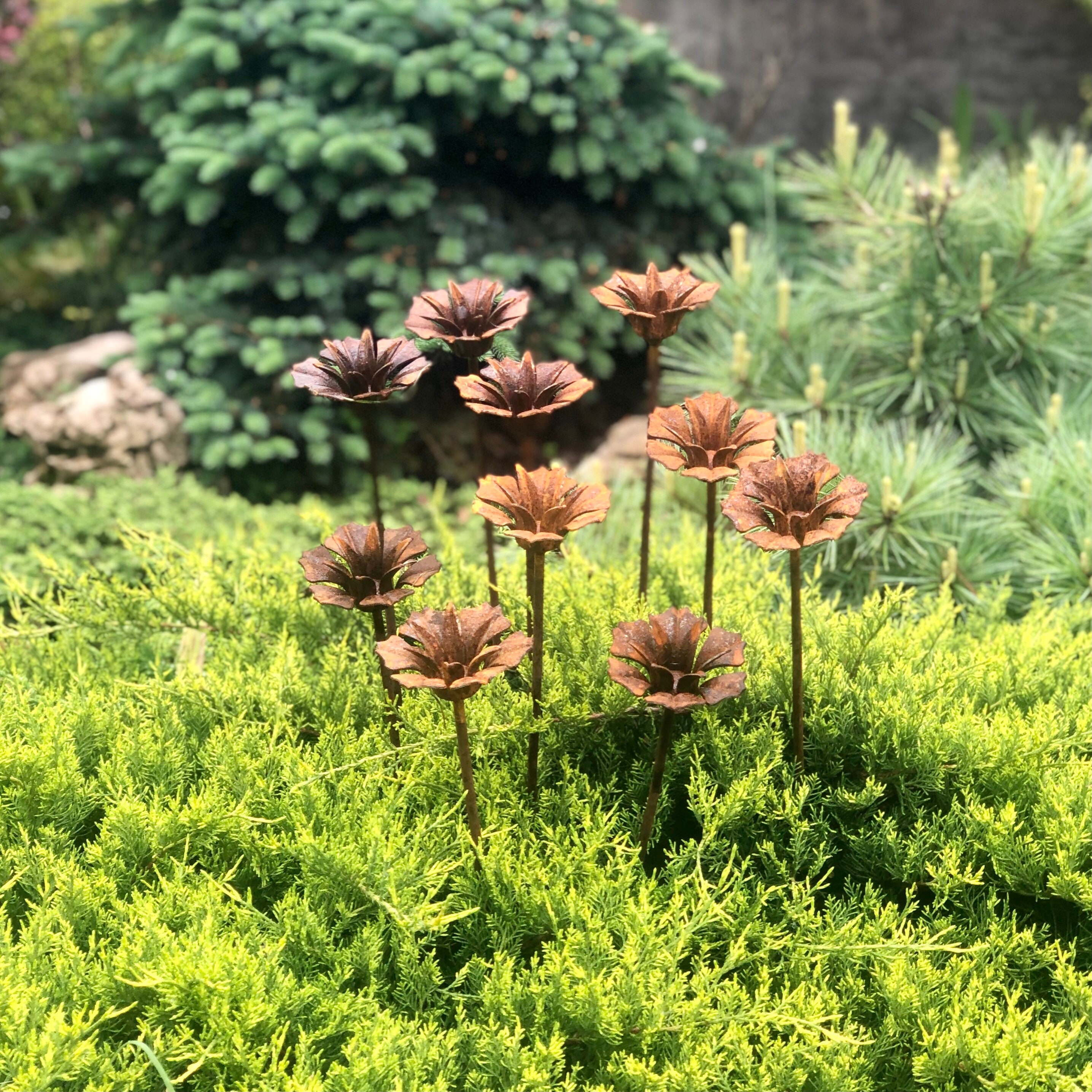 Rusty flowers set of 10 10 Rusty flowers garden stakes Metal | Etsy
