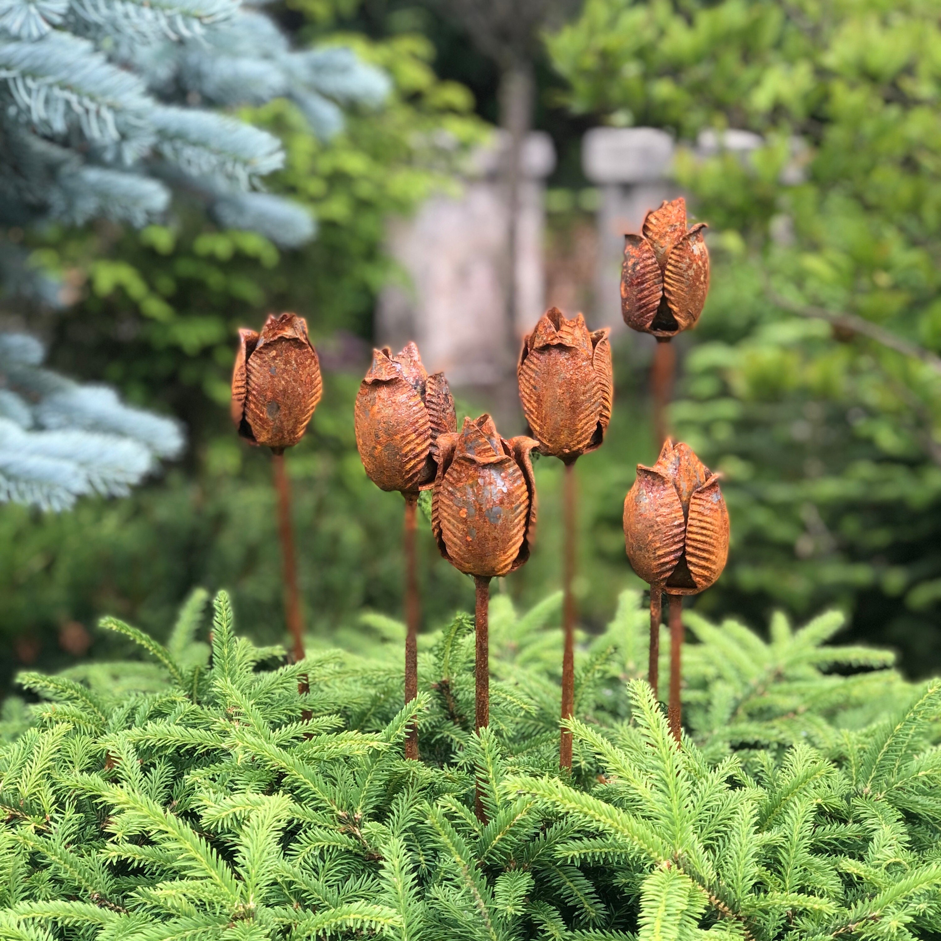 Rusty Flowers Set of 6, Tulips Flowers Garden Decor, Metal Garden Decor ...