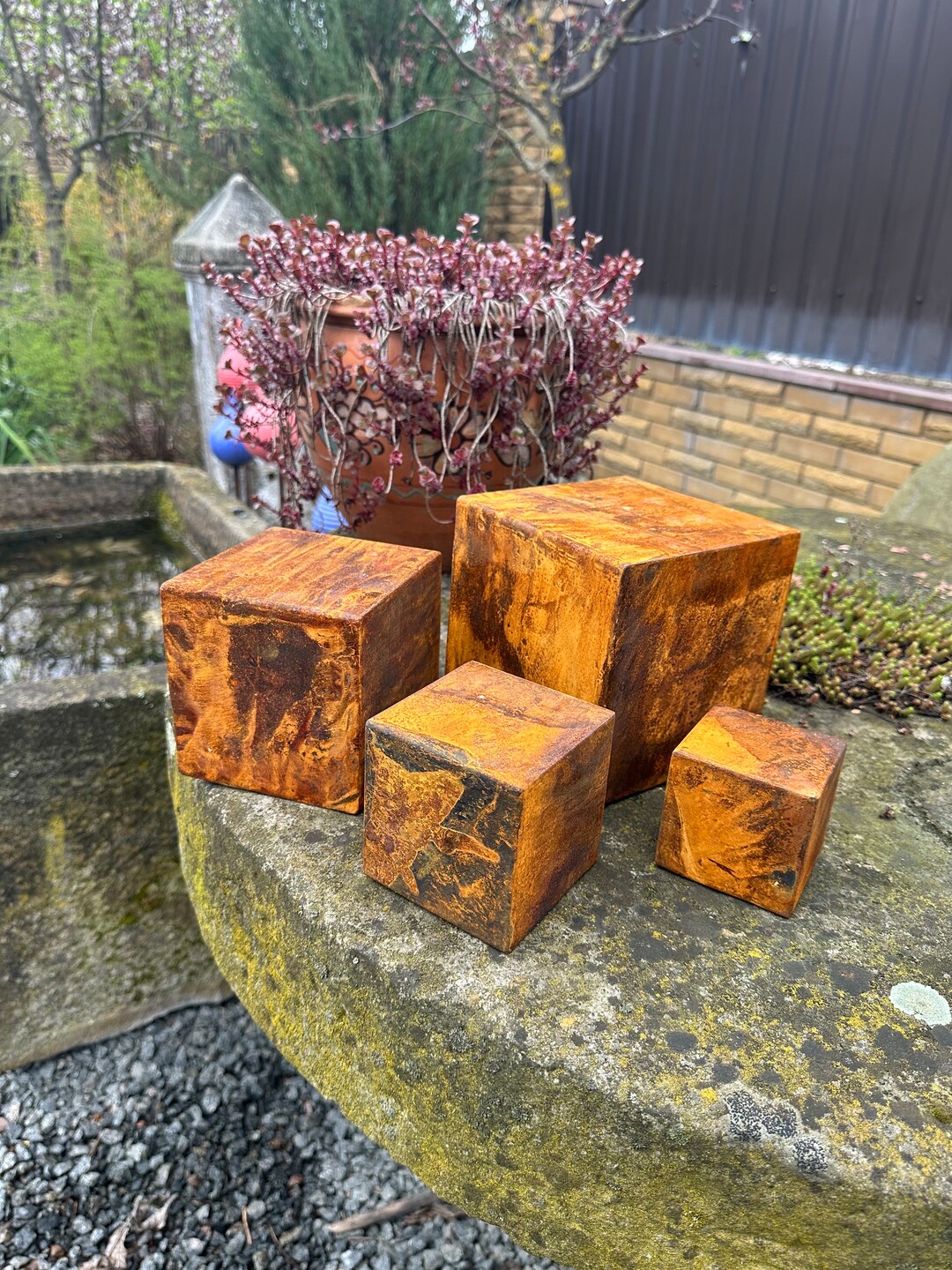 Handmade Rusty Metal Cubes Set – Minimalist Garden Sculpture, Modern ...