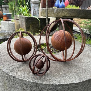 Set of 3 Rusty Metal Spheres Outdoor Garden Decor Zen Inspired Yard Art ...