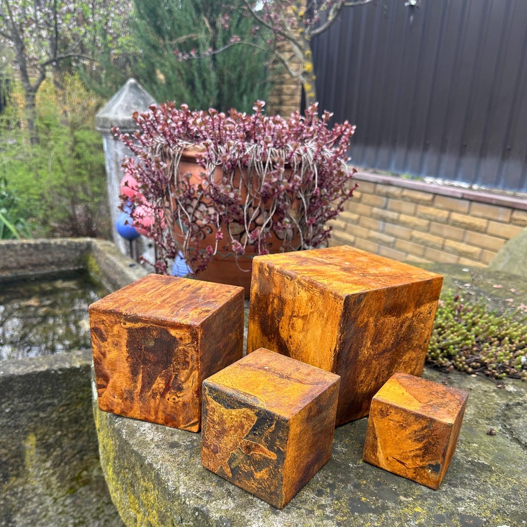 Handmade Rusty Metal Cubes Set – Minimalist Garden Sculpture, Modern ...