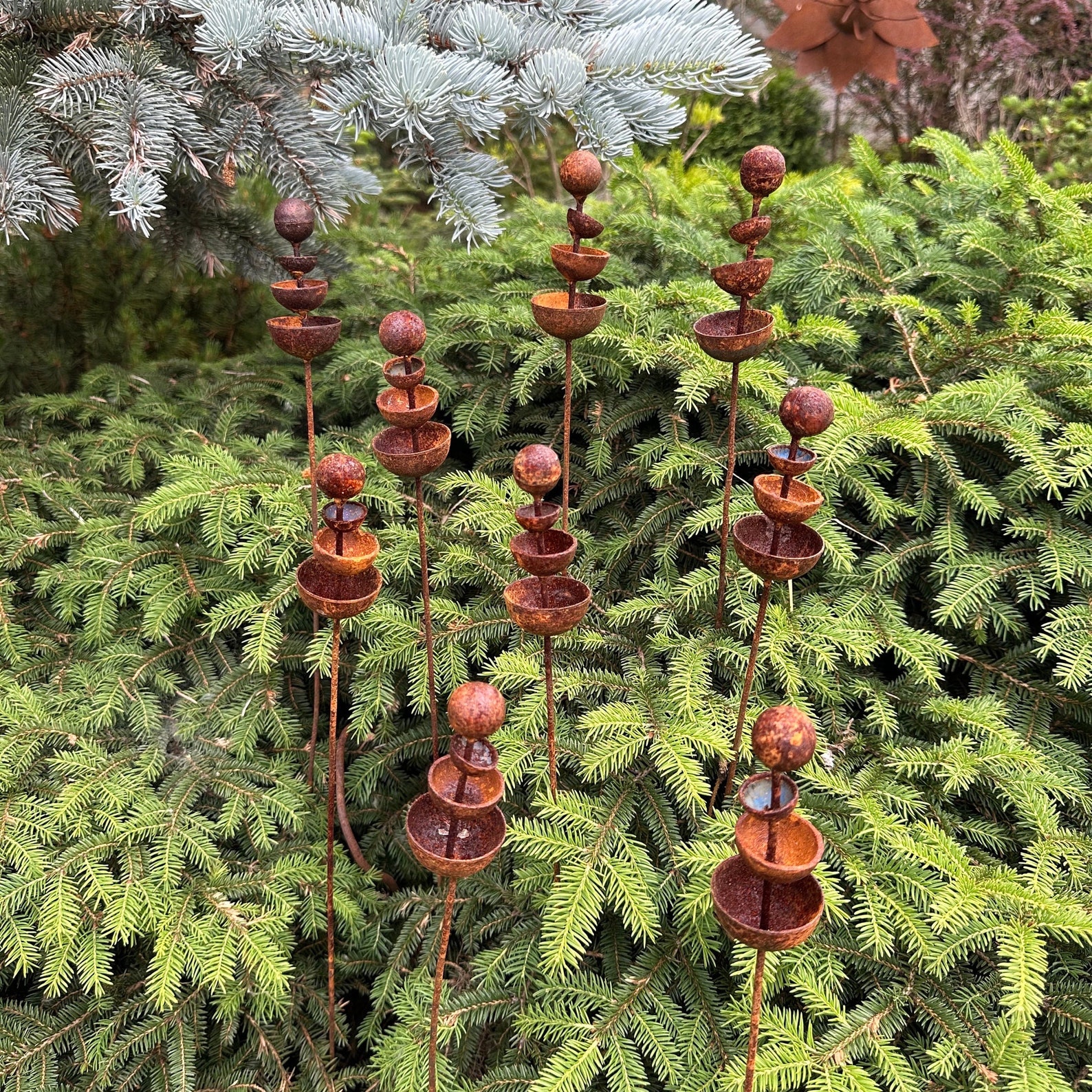Set of 9 Rusty Garden Pegs With Tiny Flowers, Rustic Yard Art, Metal ...