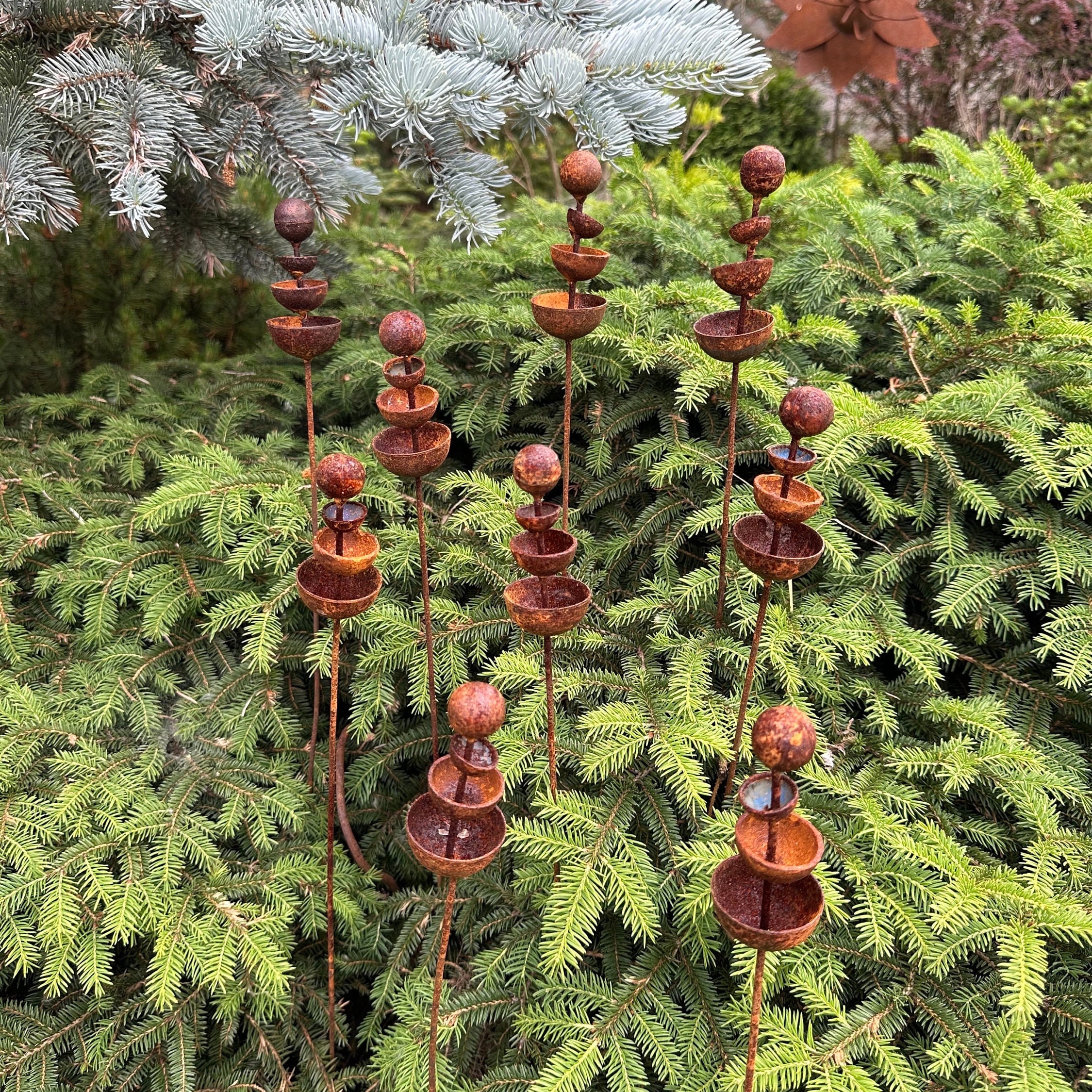 Set of 9 Rusty Garden Pegs With Tiny Flowers, Rustic Yard Art, Metal ...