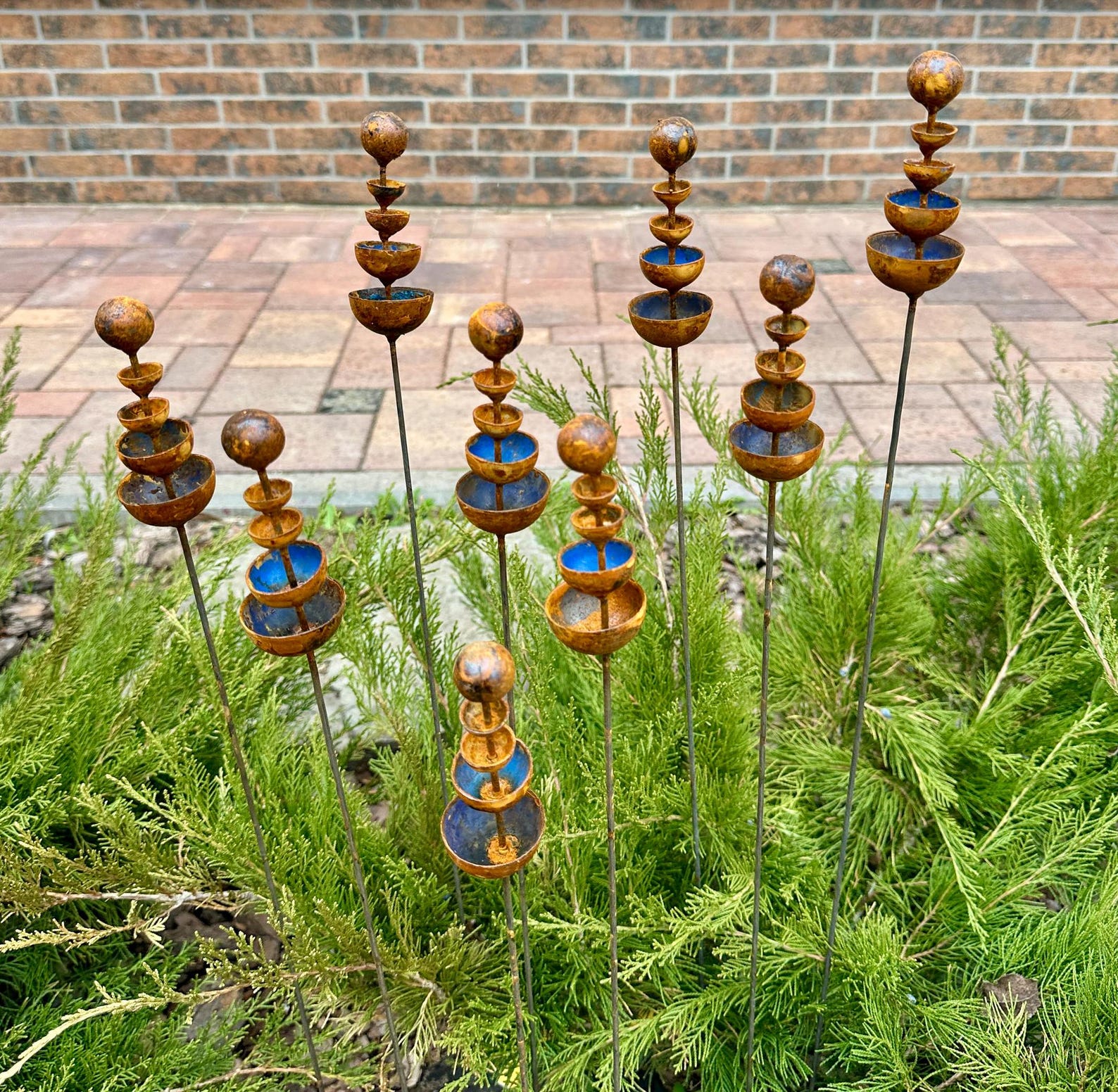 Set of 9 Rusty Garden Pegs With Tiny Flowers, Rustic Yard Art, Metal ...