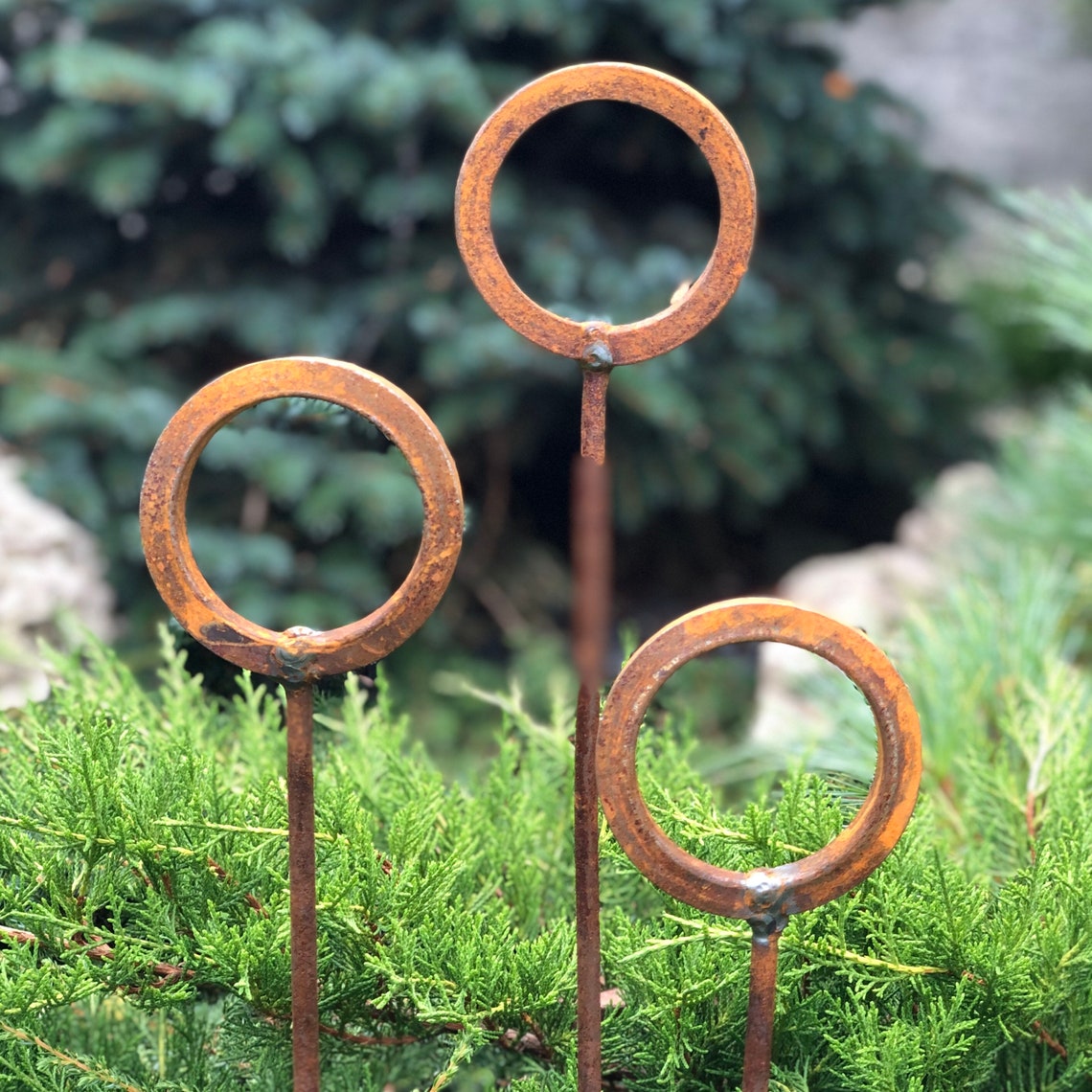 Set of 3 Rusty Metal Garden Stakes Rusty Garden Finials - Etsy