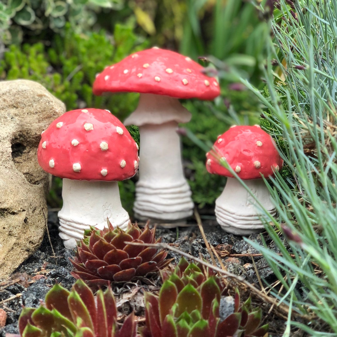 Ceramic Mushrooms, 3 Ceramic Mushrooms, Garden Art Sculpture, Amanita ...
