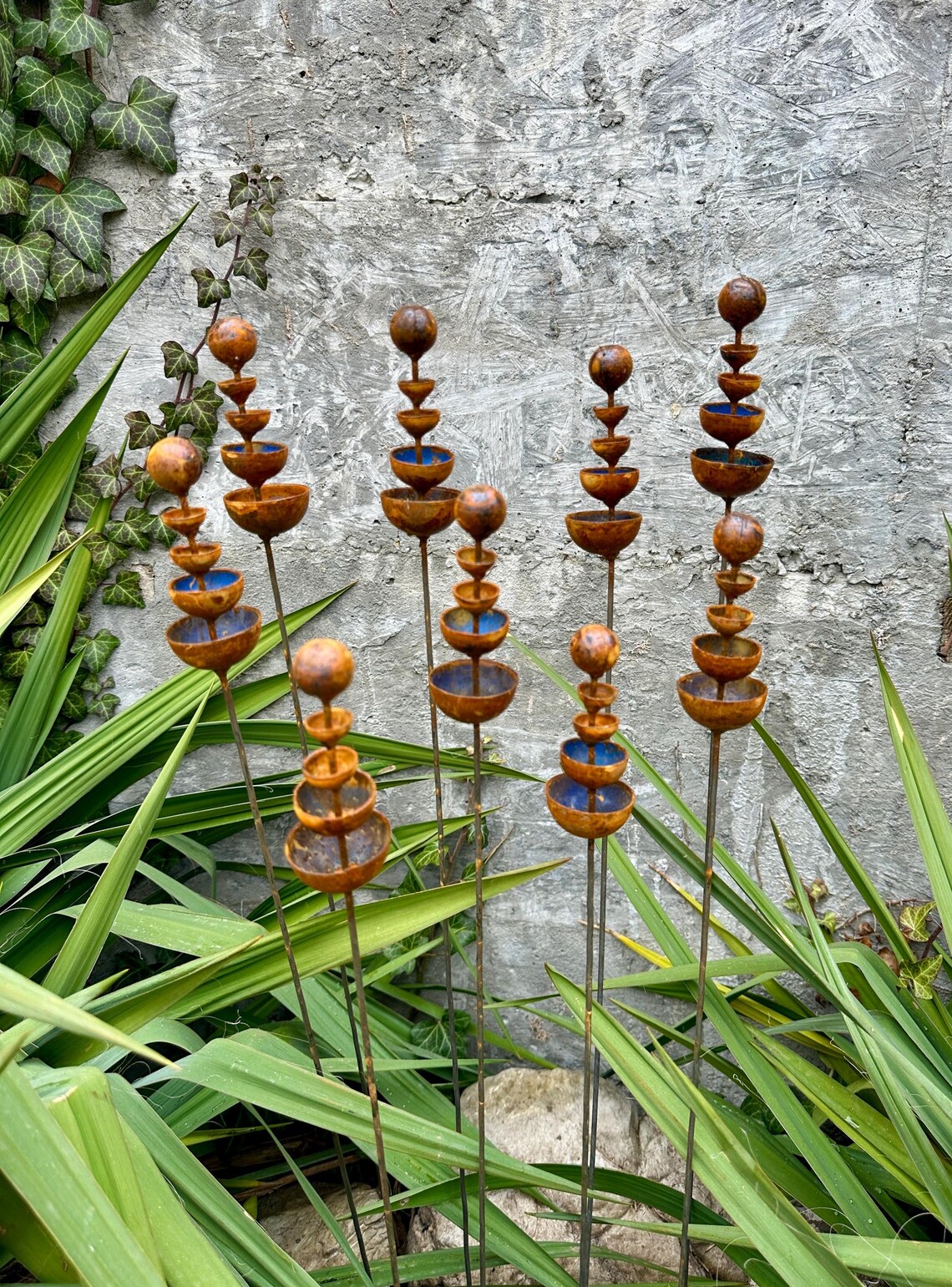 Set of 9 Rusty Garden Pegs With Tiny Flowers, Rustic Yard Art, Metal ...