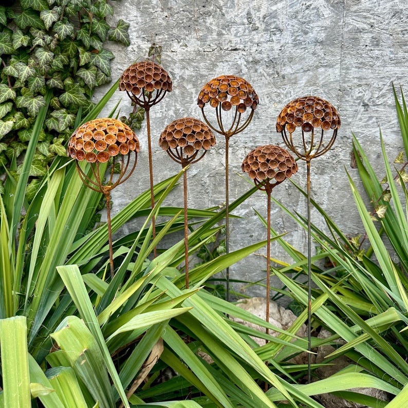 Rustic Metal Flower Garden Stakes - Modern Exotic Floral Sculptures ...