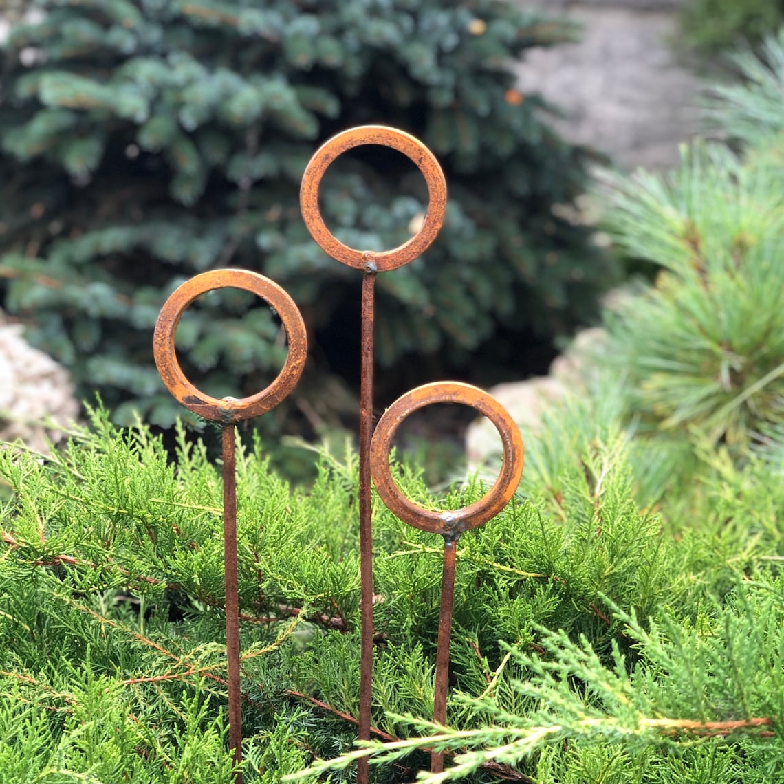 Set of 3 Rusty Metal Garden Stakes Rusty Garden Finials - Etsy