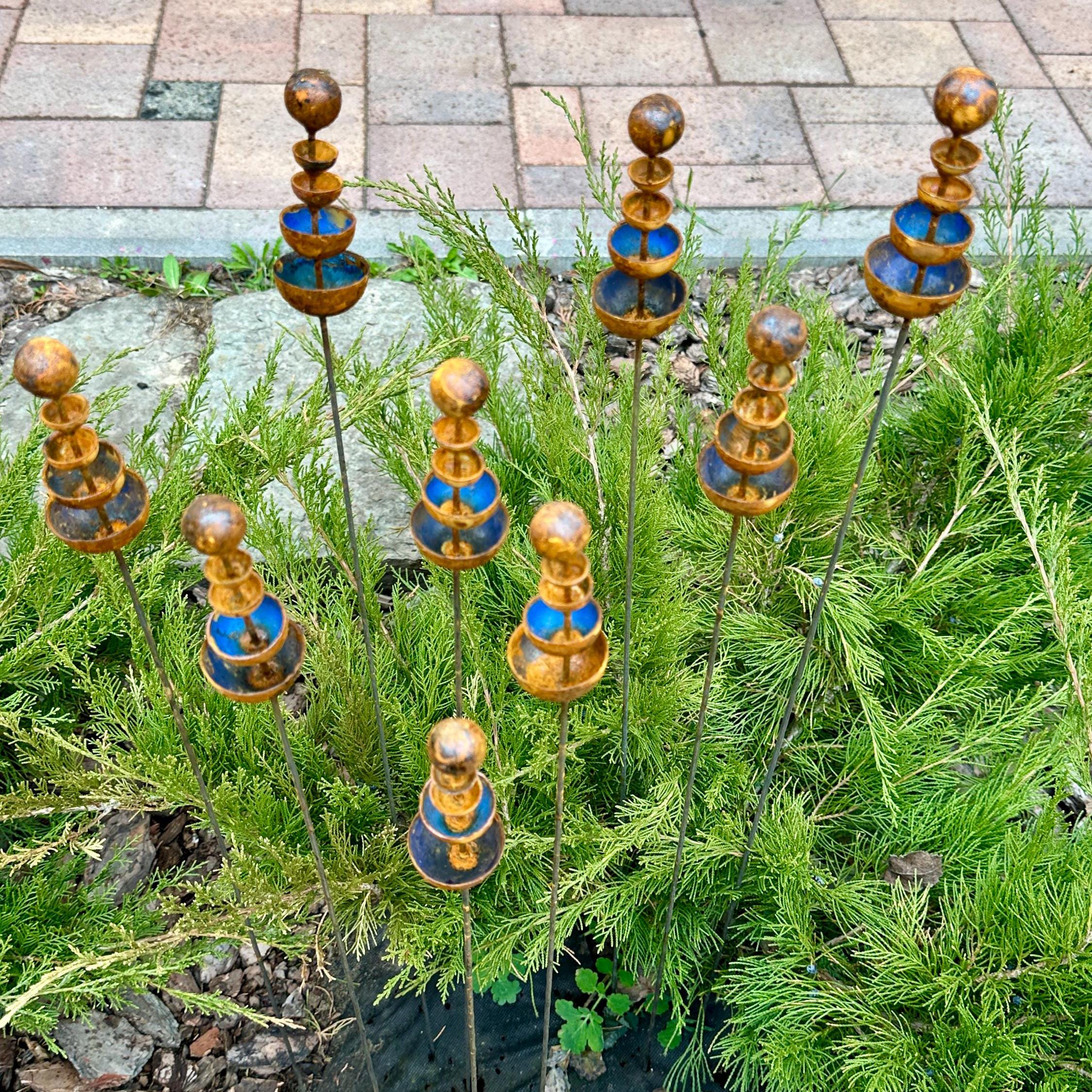 Set of 9 Rusty Garden Pegs With Tiny Flowers, Rustic Yard Art, Metal ...
