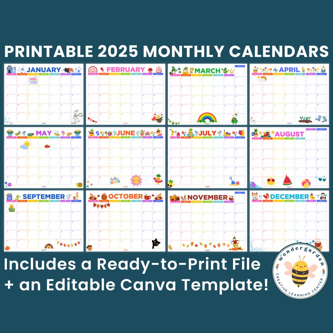 2025 Cute Kids Calendar – PDF Printable + Editable Canva Template ...