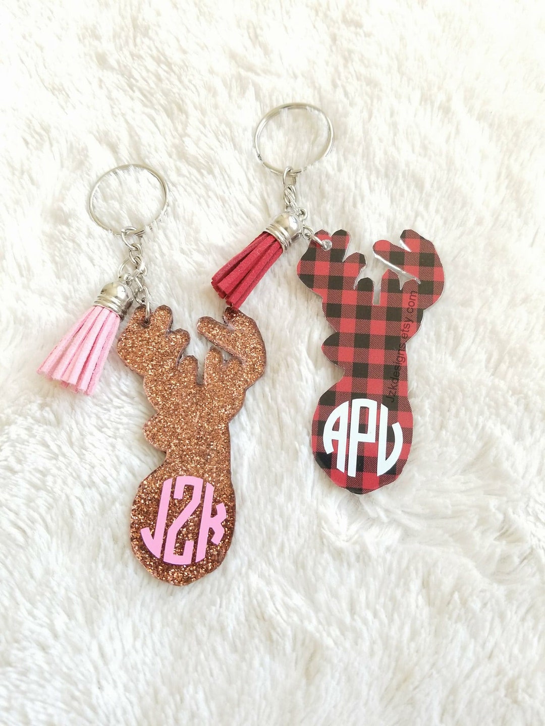 Deer Keychain, Deer Head Keychain, Monogram Keychain, Plaid Monogram ...