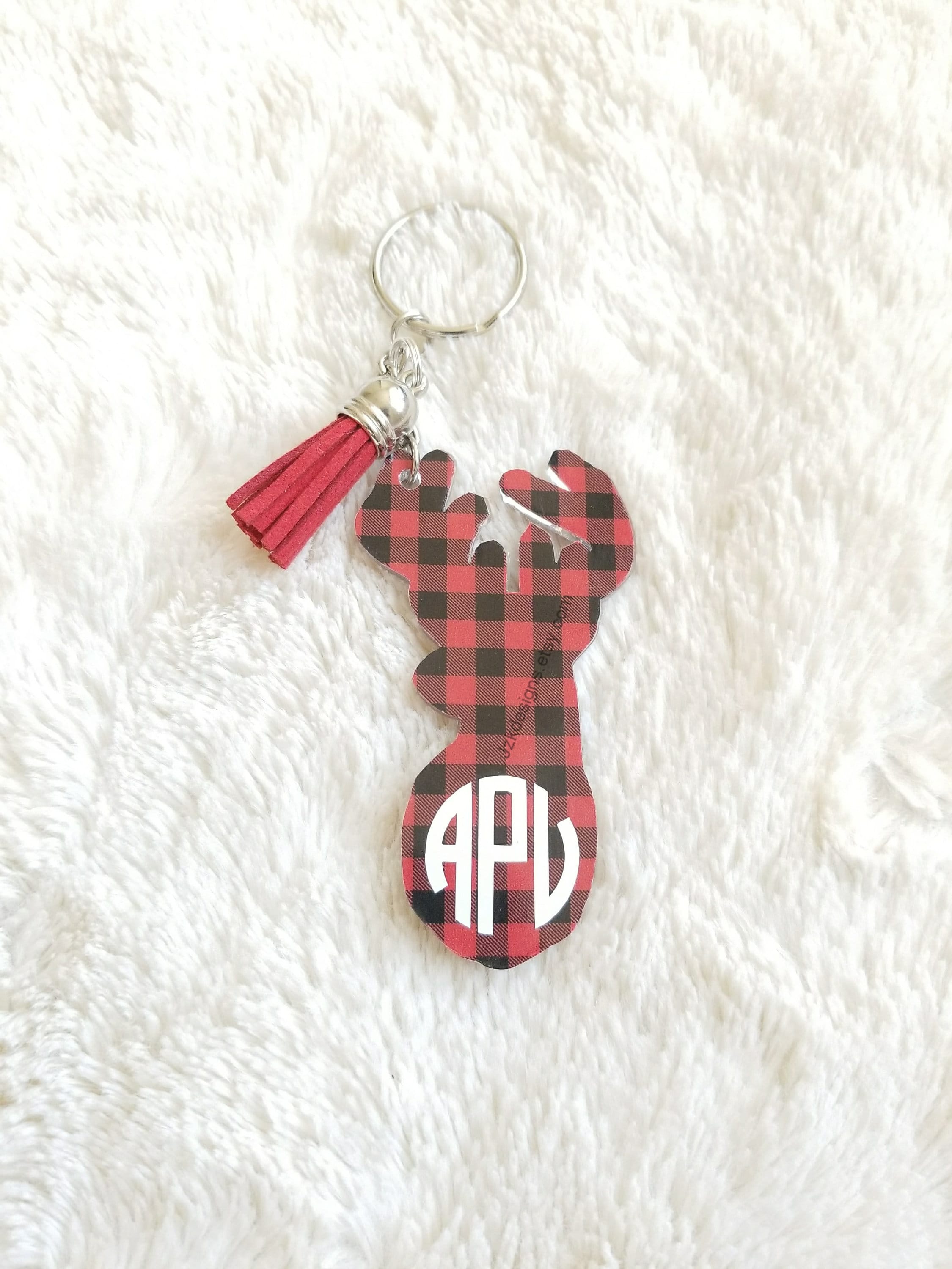 Deer Keychain, Deer Head Keychain, Monogram Keychain, Plaid Monogram ...
