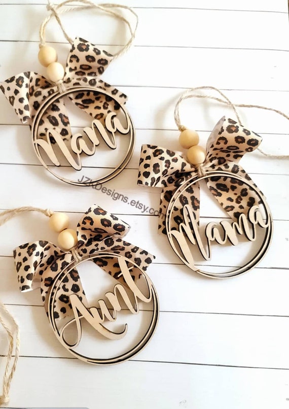Wooden Monogram Car Charm with Leopard Bow Rearview Mirror Charm Mama Car Charm Bag Charm Mama Ornament Nana Ornament Car Diffuser