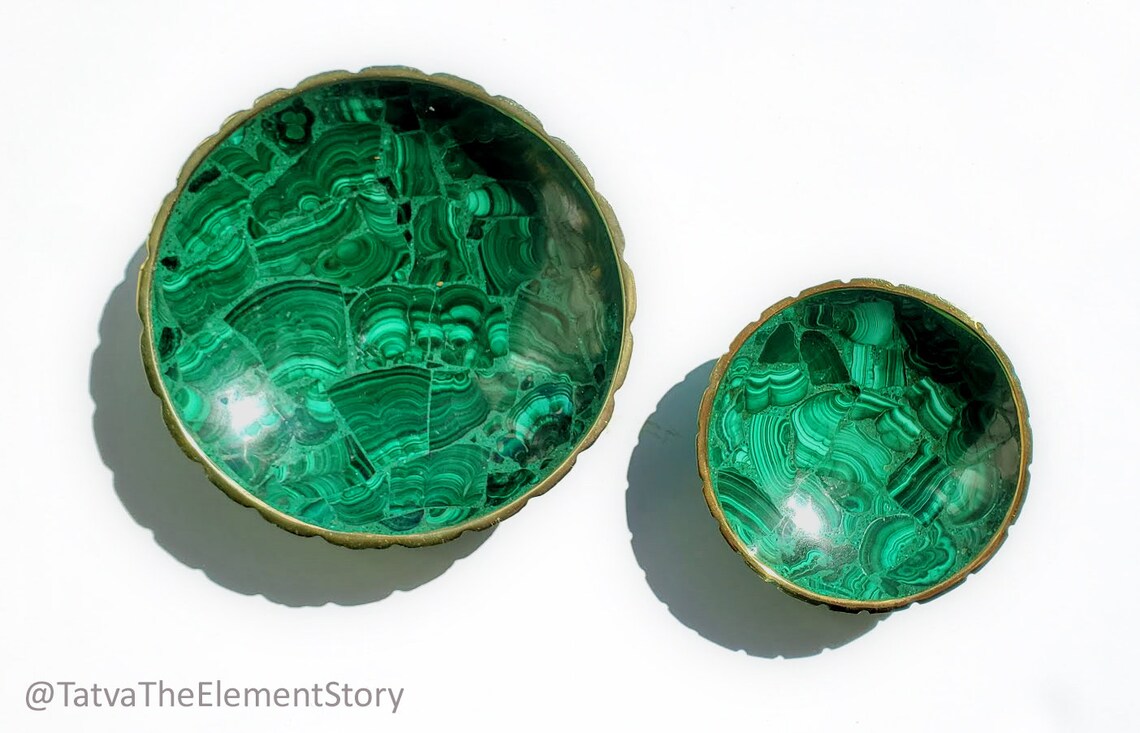 Malachite Round Plate/dish With Brass Border - Jewelry Holder - Green ...