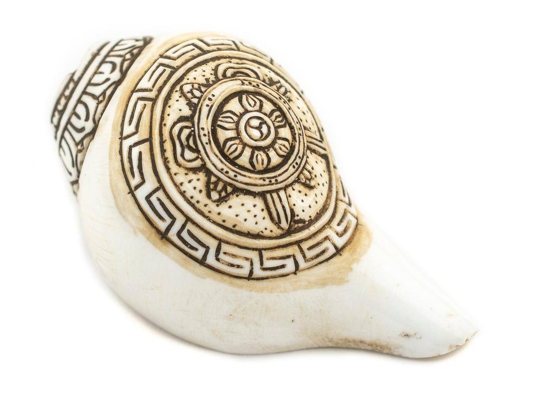 Carved Ashtamangala Conch Shell (wheel of Dharma) - Handmade in Nepal ...