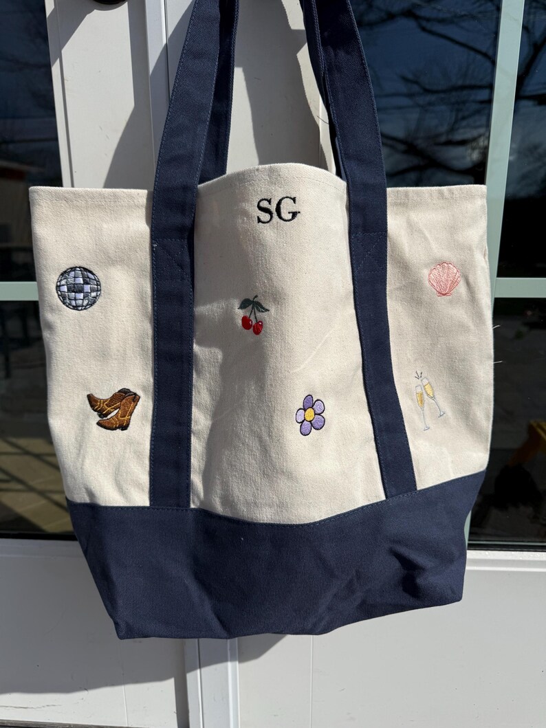 CUSTOM Embroidered Large Style Tote Bag With Initials and Icons - Etsy
