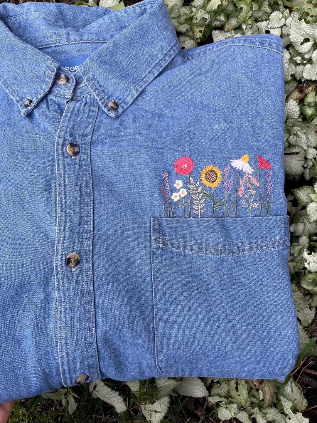 Embroidered Pocket Full of Posies Unisex Denim Shacket Shirt Jacket ...