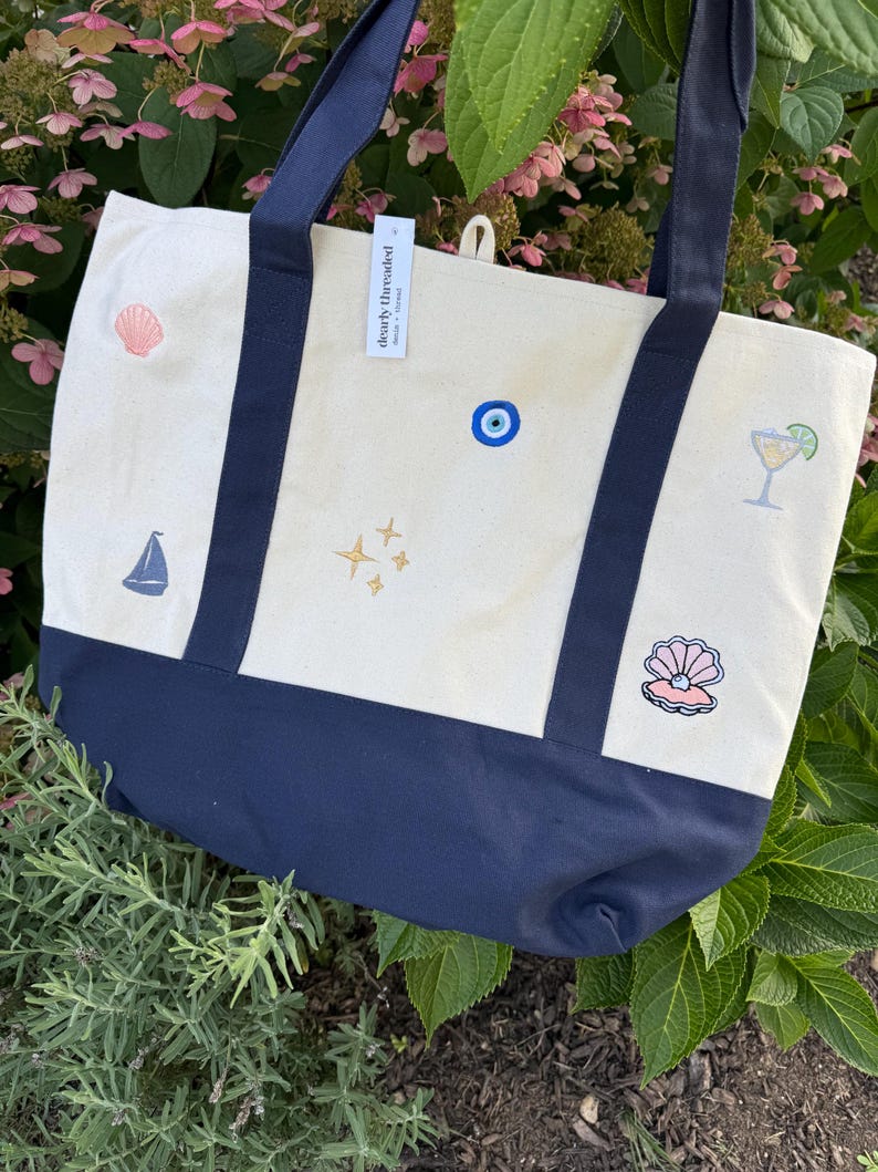 CUSTOM Embroidered Large Style Tote Bag With Initials and Icons - Etsy