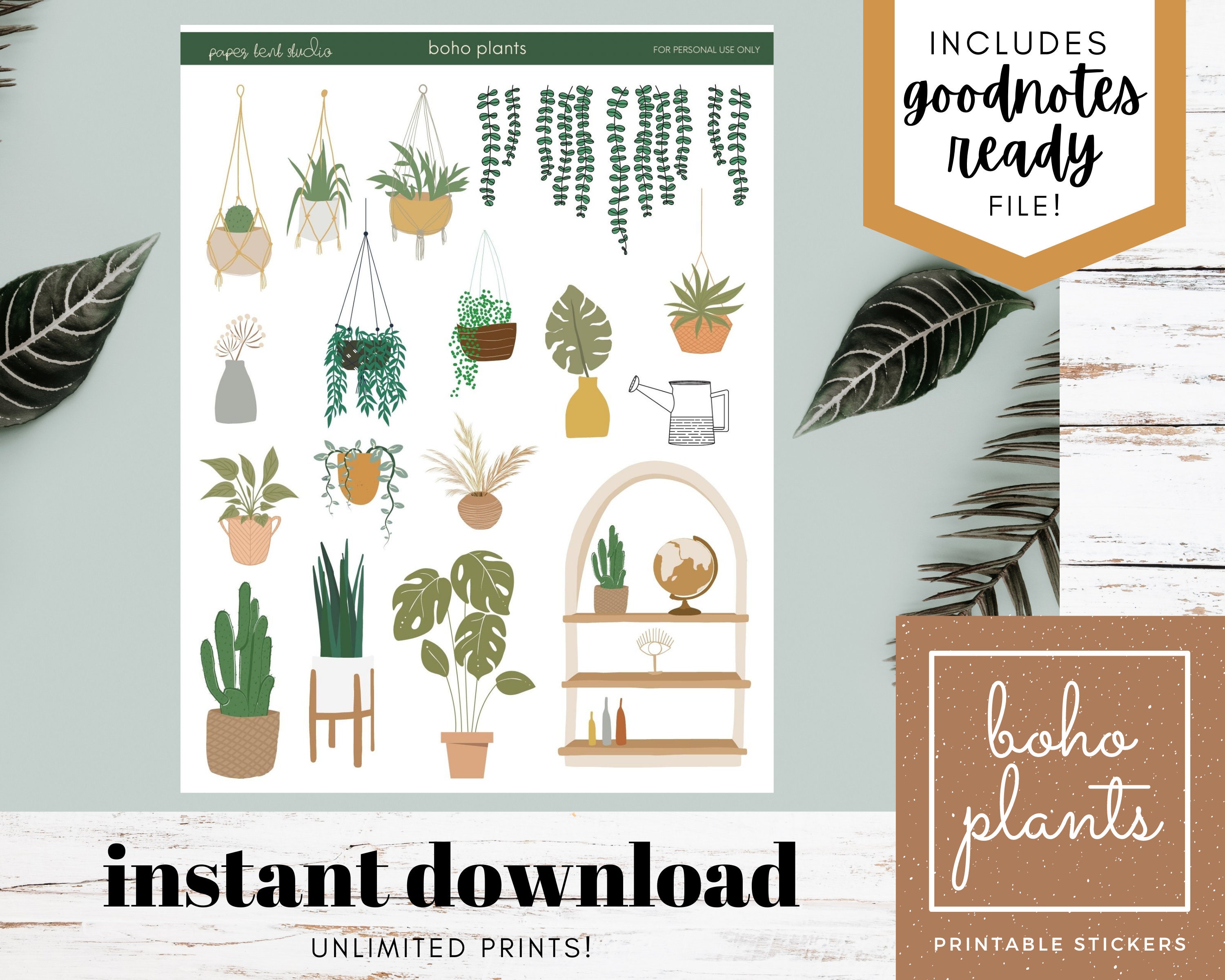 Boho Plants Stickers | Digital + Printable | Planner, Bujo, Memory ...
