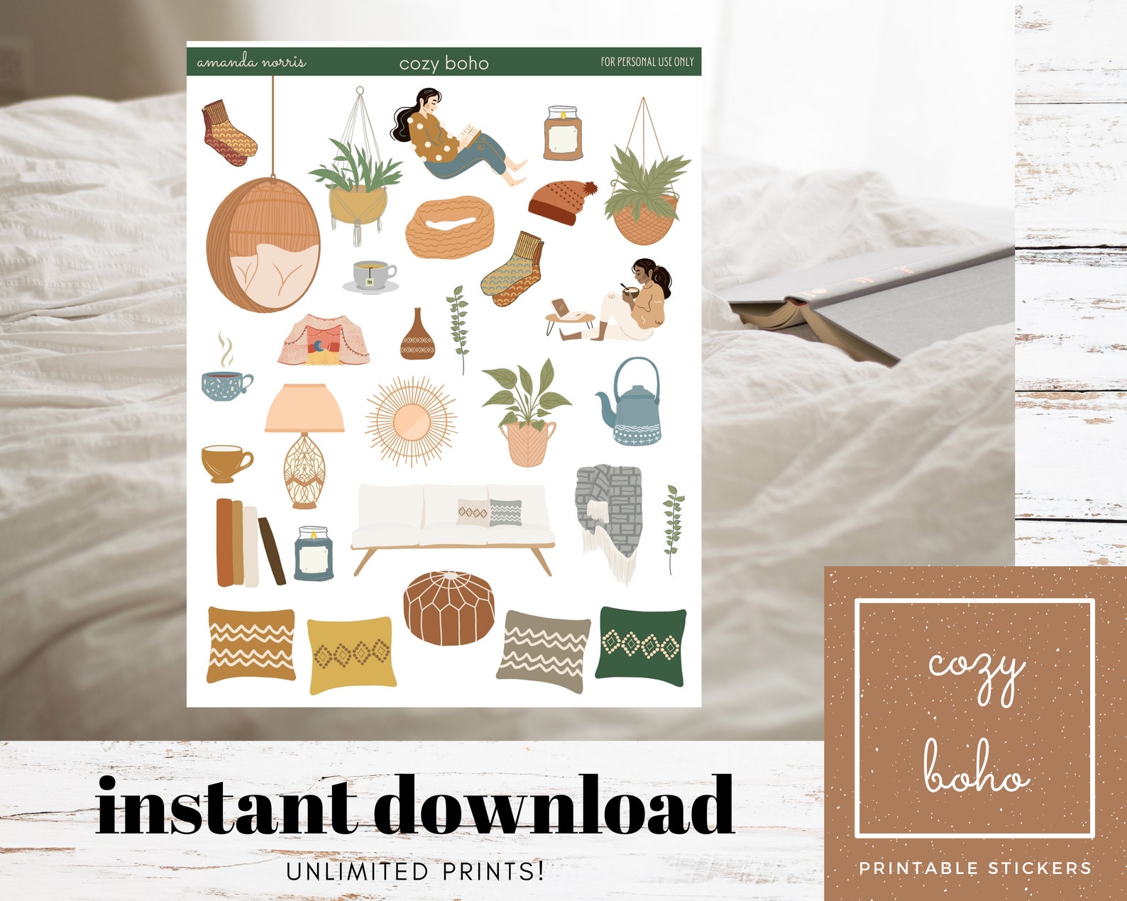 Cozy Boho Printable Stickers | Planner, Bujo, Scrapbooking, Decor ...