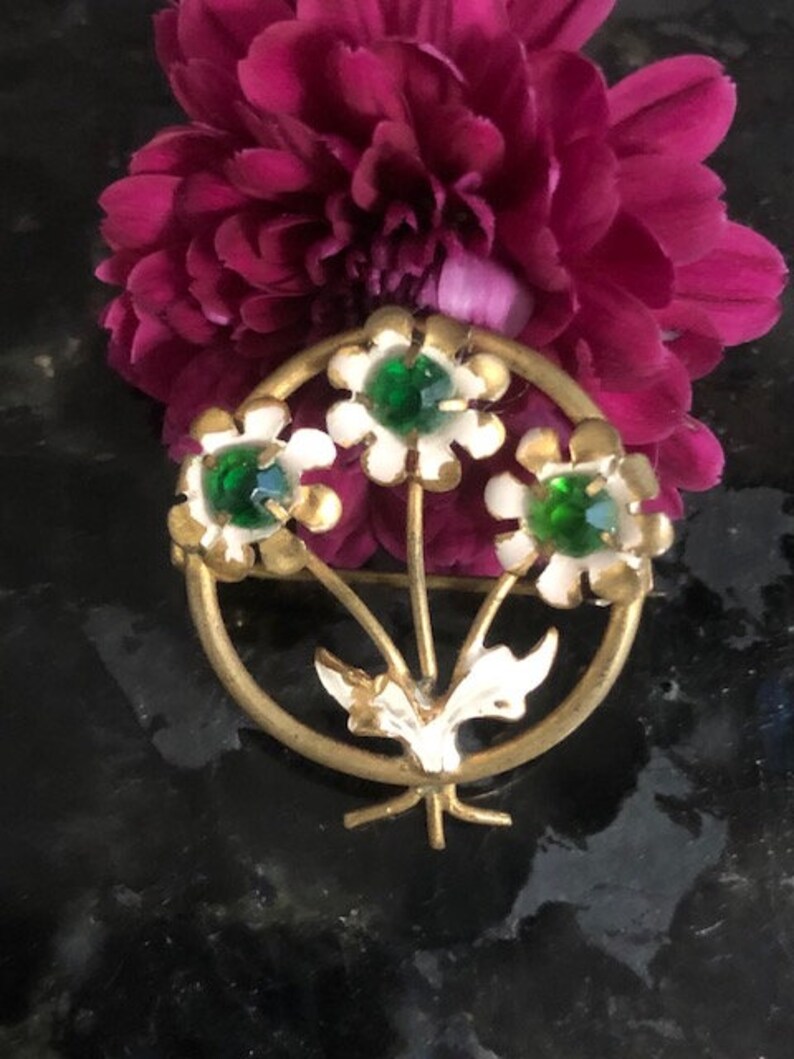 Vintage Flower Pin With Three Green Stones Vintage Costume - Etsy