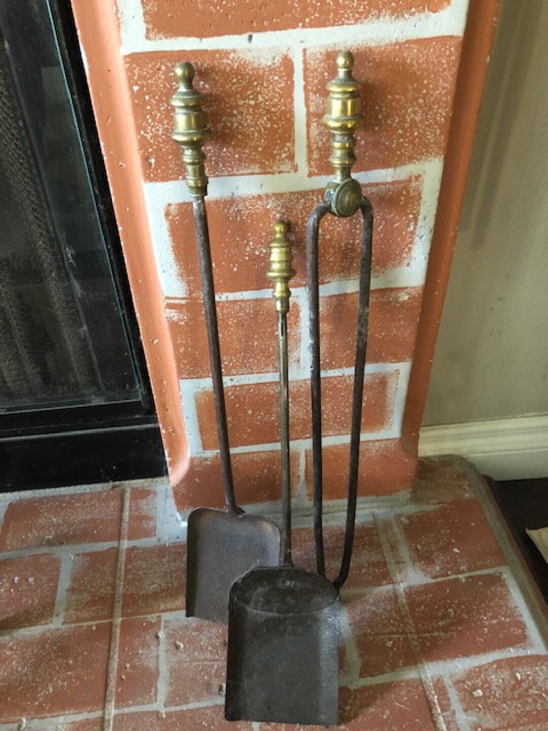 Three Pieces of Vintage Fireplace Tools, Forged Iron With Brass Finials ...