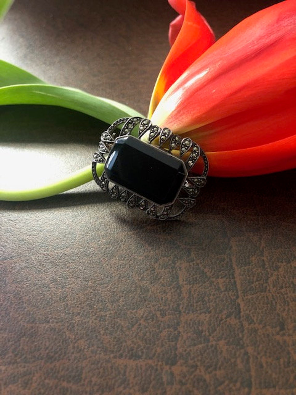 Vintage Marcasite Brooch Pin with Black Stone Surrounded by | Etsy