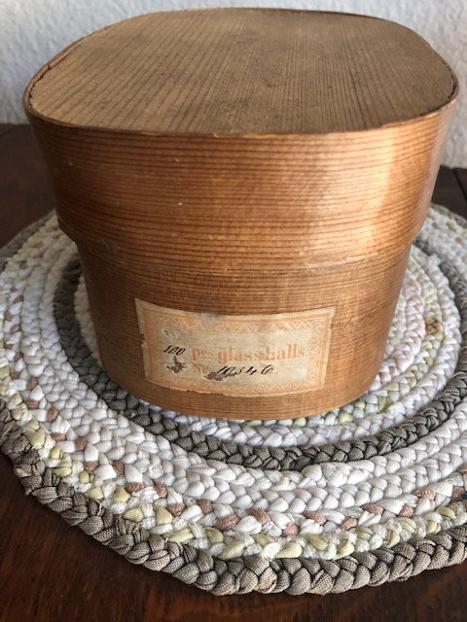 Vintage Covered Wooden Box, Paper Thin Wood Box Label Marked "100 Pes ...