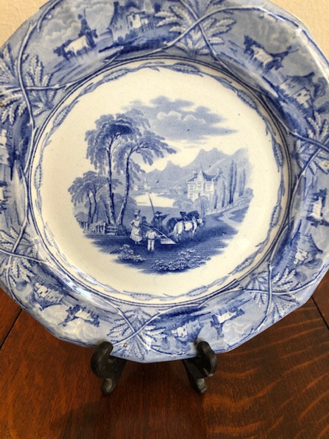 Antique Blue Transferware Plate, 9.5" Marked Union Enables Mann & Co ...
