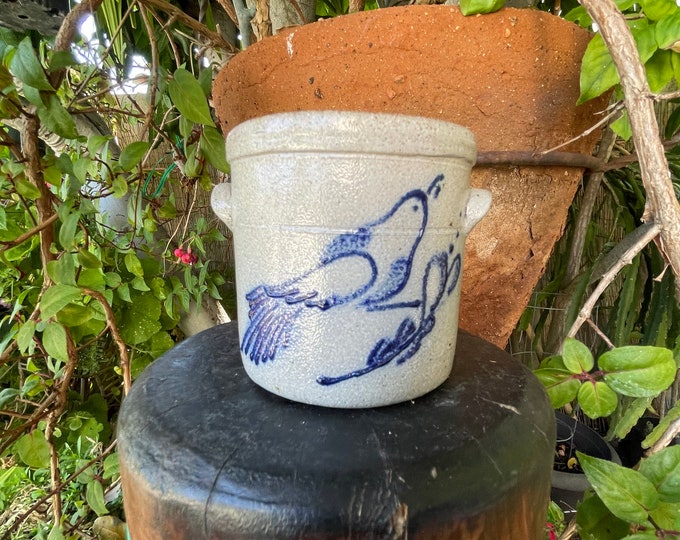 Small Primitive Reproduction Salt Glazed Crock With Bird Design, Rowe ...