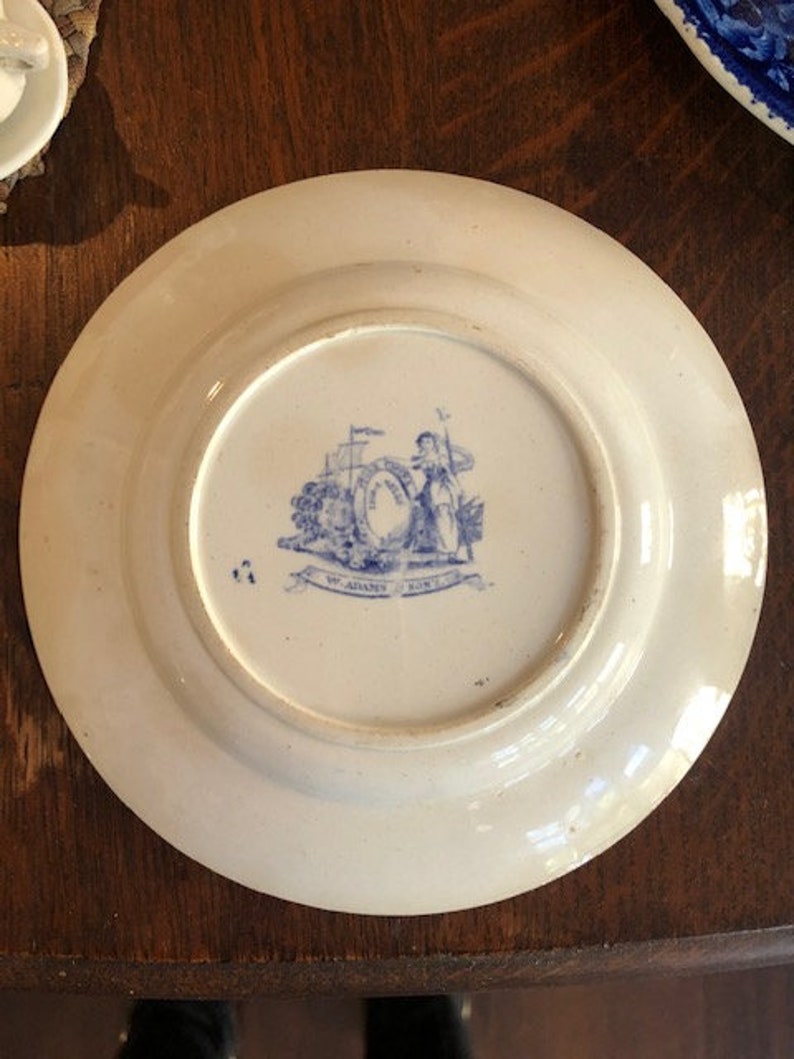 6" W Adams and Sons Blue Transferware Plate, Blue Mark With Ship Sails ...
