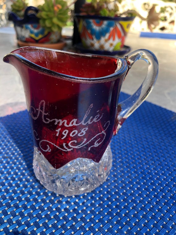 Antique Souvenir Red and Clear Ruby Glass Creamer Inscribed - Etsy