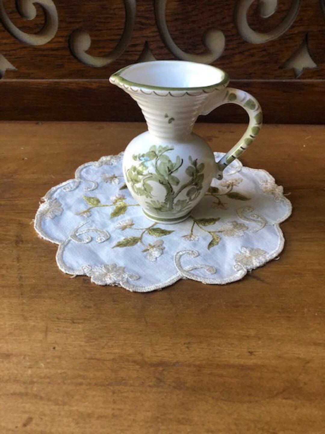 Vintage Hand Painted Miniature Pitcher With Olive Green Tree and Leaves ...