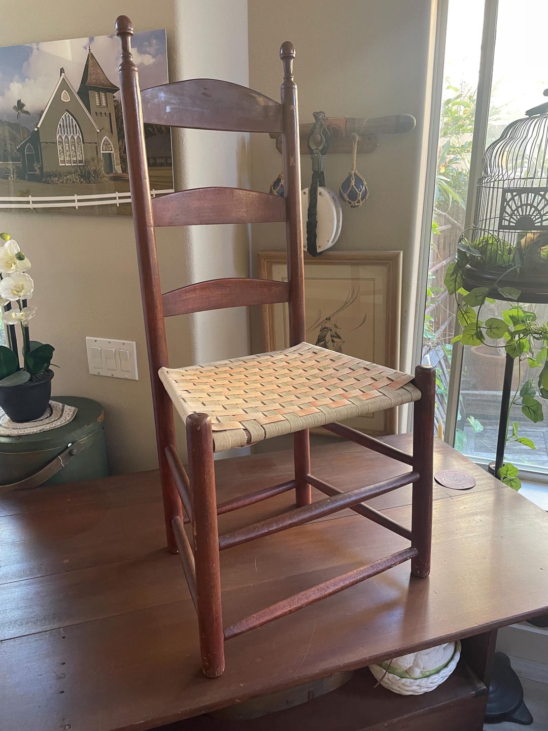 Antique Ladder Back Chair, Original Red Paint With Fabric Woven Seat ...