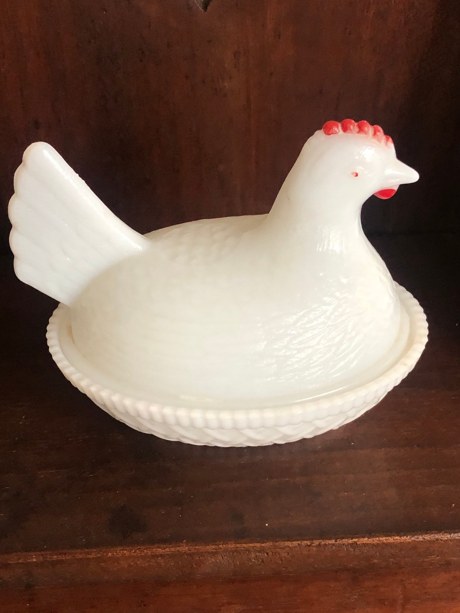 Vintage Milk Glass Chicken on a Basket With Red Crest and Eyes - Etsy