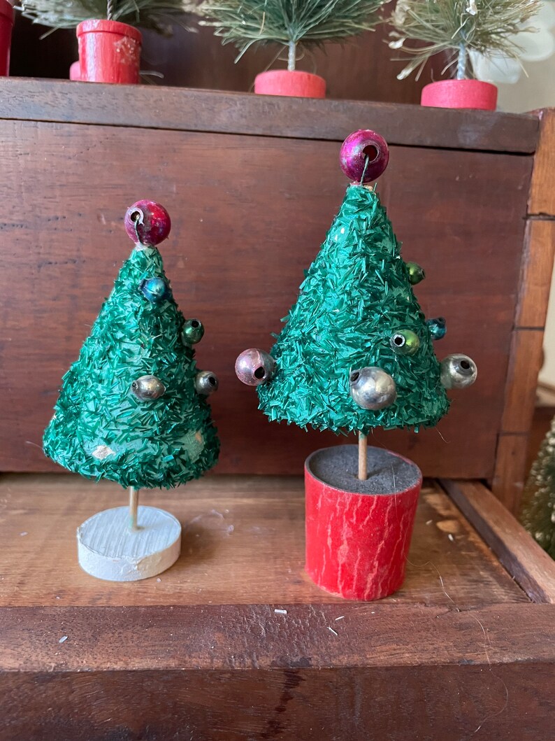 Vintage Paper Mache Trees With Glass Ornaments Flecked With - Etsy