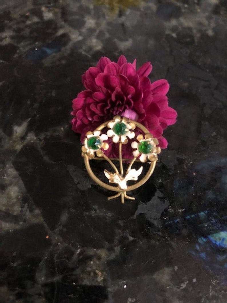 Vintage Flower Pin With Three Green Stones Vintage Costume - Etsy
