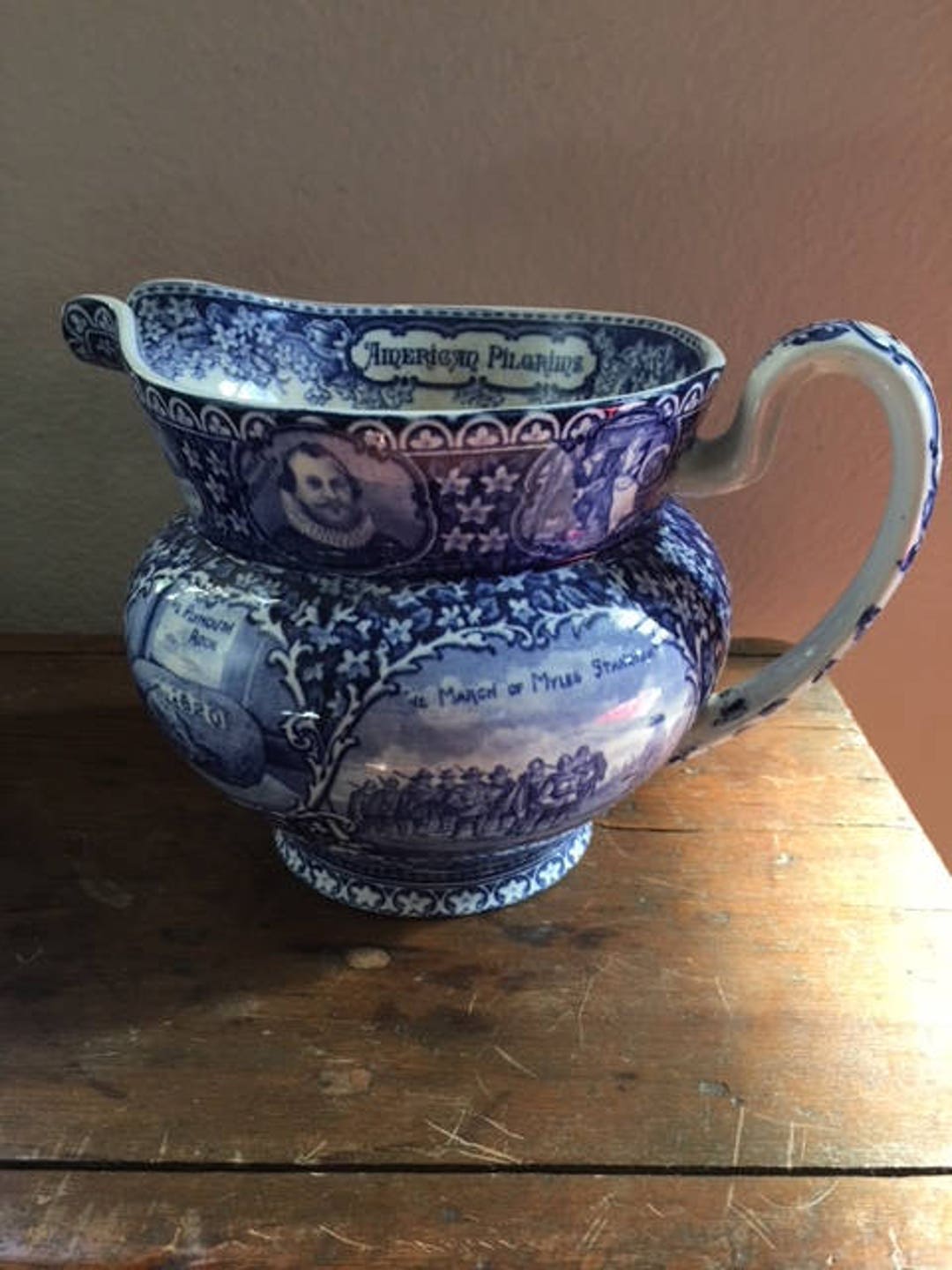 American Pilgrims Historical Pottery, Antique Blue and White Pitcher ...
