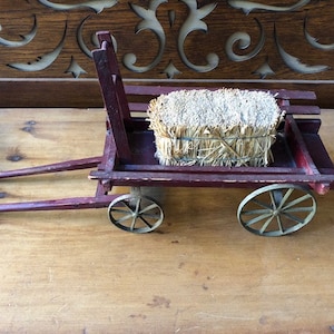 Vintage Red Hay Wagon, Wooden Farm Toy With Metal Wheels. Horse Drawn ...