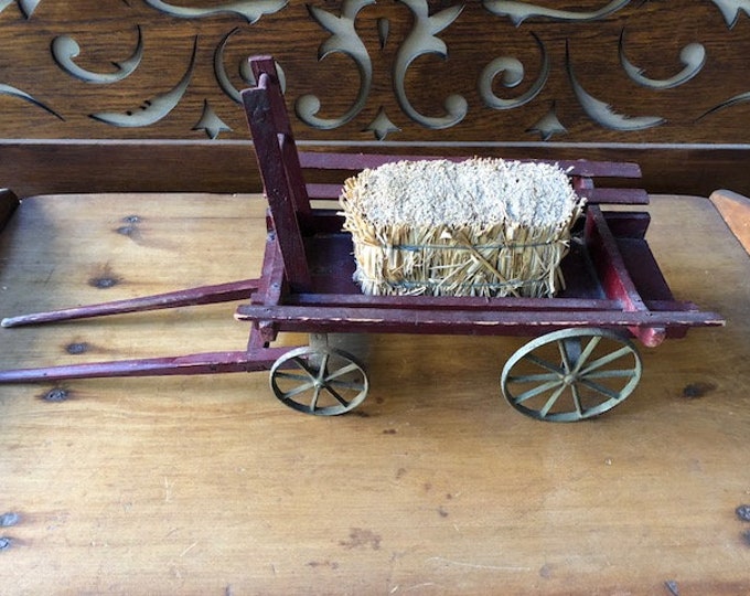 Vintage Red Hay Wagon, Wooden Farm Toy With Metal Wheels. Horse Drawn ...
